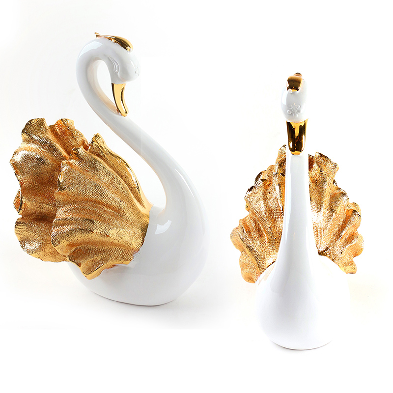Set of 2 Decorative Ceramic Swans with Gold Feathers, Sculptures for ...