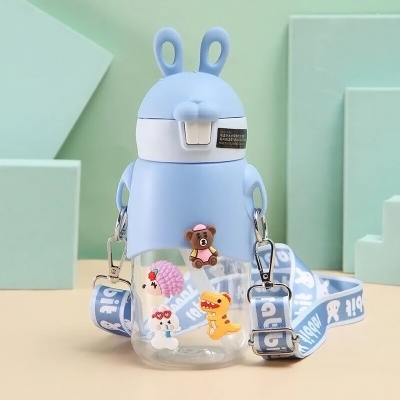 600 ML, Leak Proof Kid’s Rabbit Design Water Bottle with Sipper and Adjustable Ribbon Strap ...